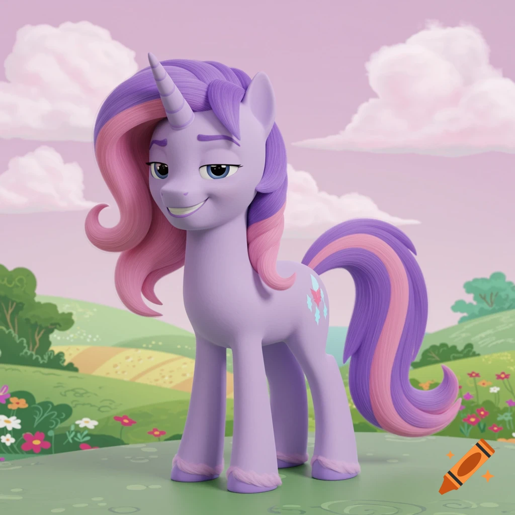 Two purple unicorn ponies and one white pegasus pony in a field with ...