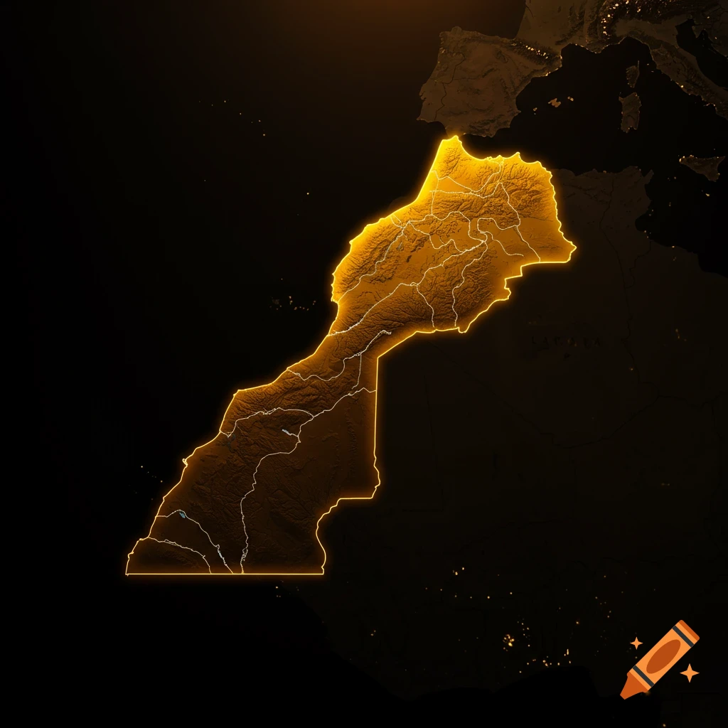 Map of Morocco and Western Sahara shining globally on Craiyon