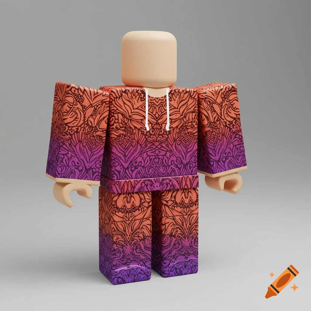 Roblox avatar in orange and purple patterned hoodie and pants on Craiyon