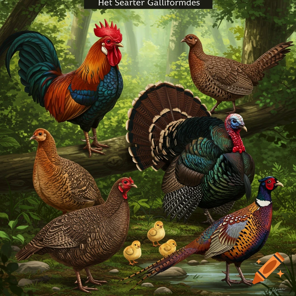 Various galliformes birds including a rooster, pheasant, and turkey in ...