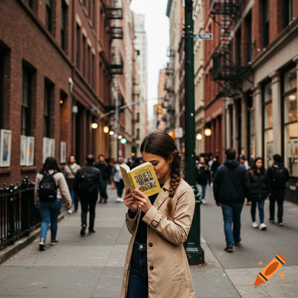 Woman reading book while walking in SoHo on Craiyon