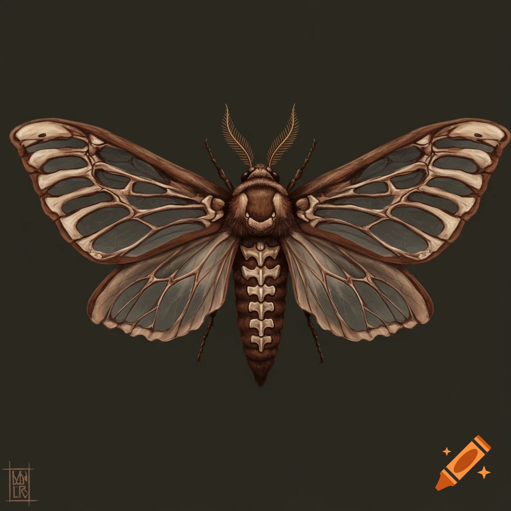 Monochrome artwork of Luna moth with ornate dagger body and fern ...