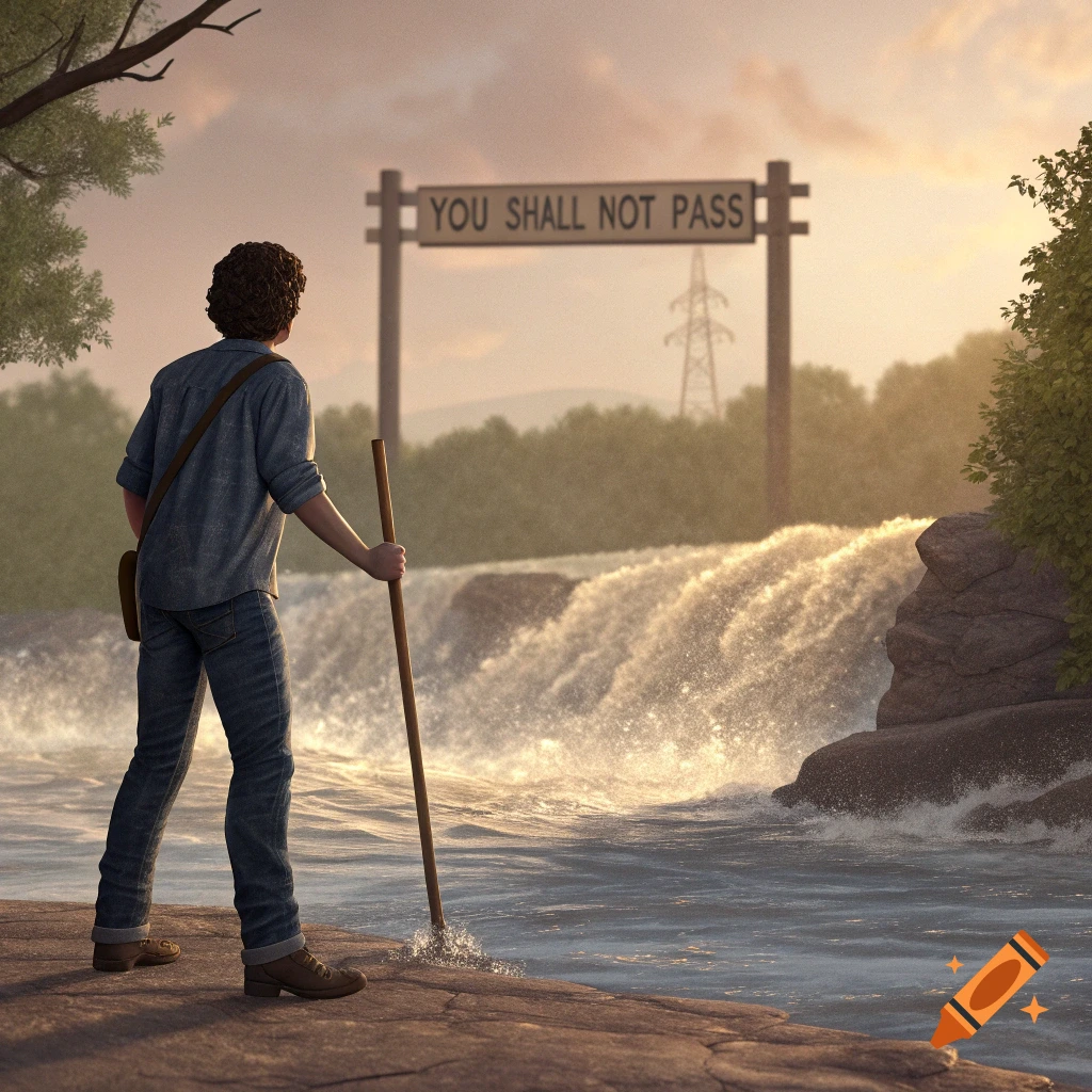 3D animated AI art of a young man parting a flooded river in Texas ...