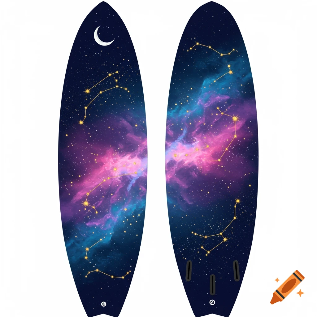 Surfboard with stars, galaxy, and night sky design on Craiyon