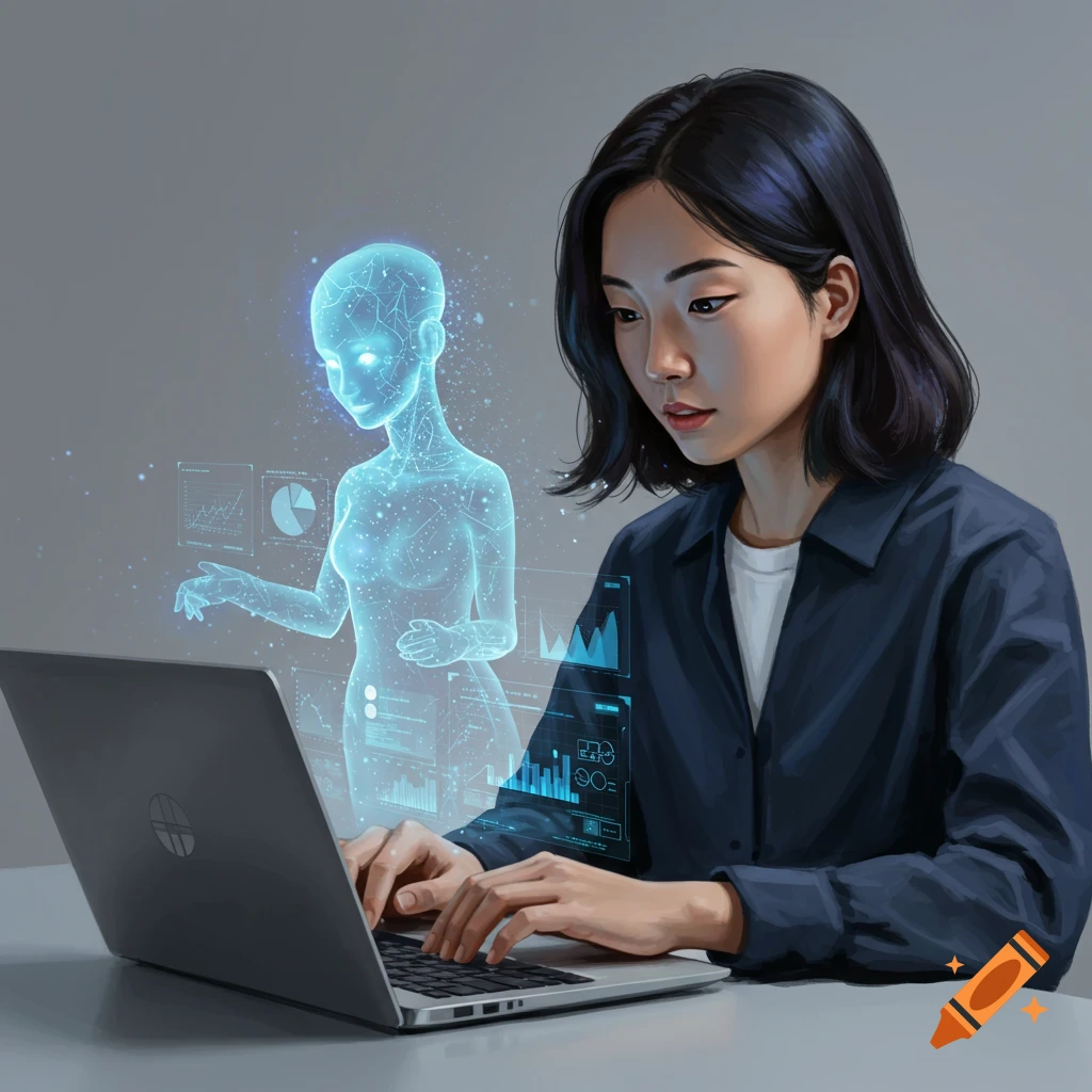 Person using laptop with AI assistant hologram on Craiyon