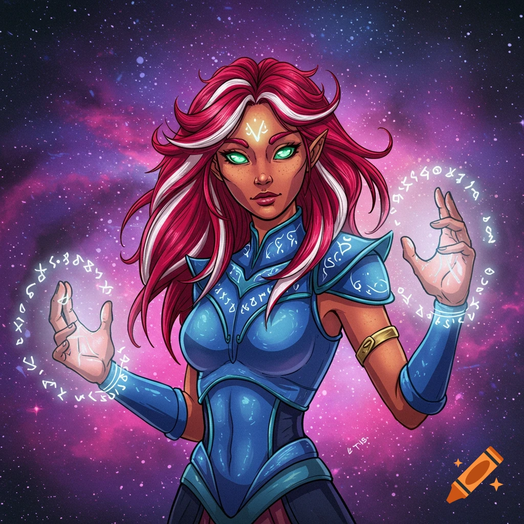 Psychic alien girl with red hair and blue armor on Craiyon