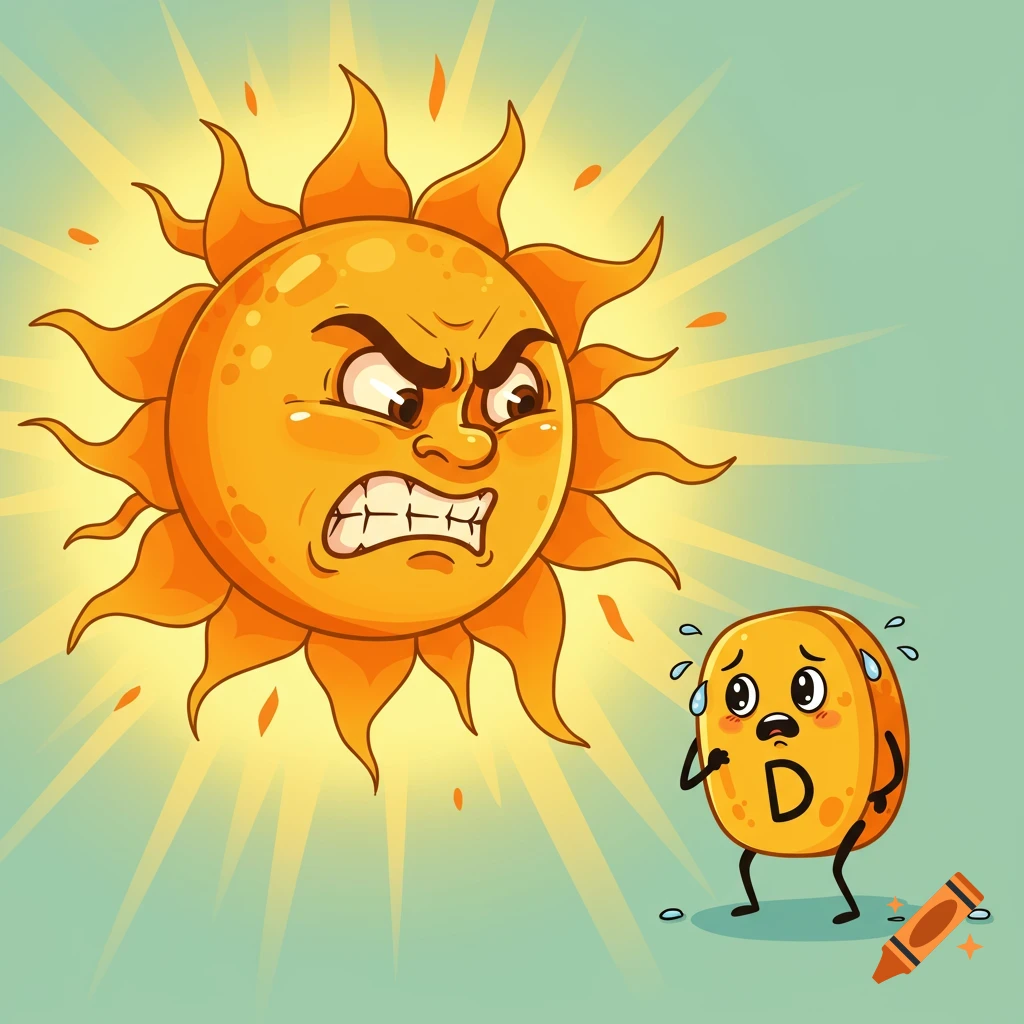 Cartoon of an angry sun making "vitamin d" miserable on Craiyon