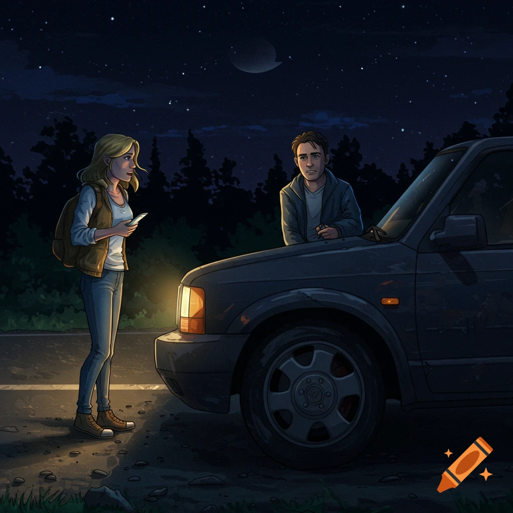 John and Linda stranded with a flat tire at night. on Craiyon
