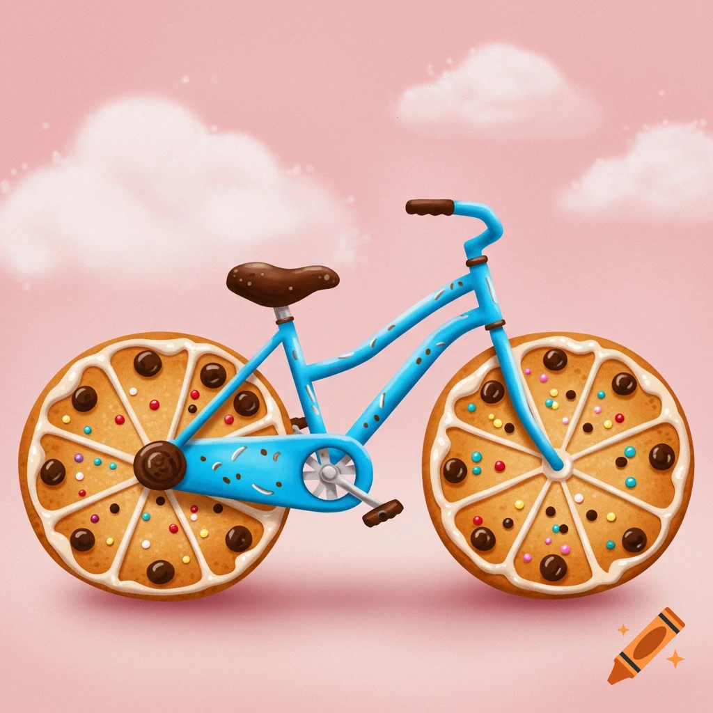 A blue bicycle with chocolate chip cookie wheels against a pink sky ...