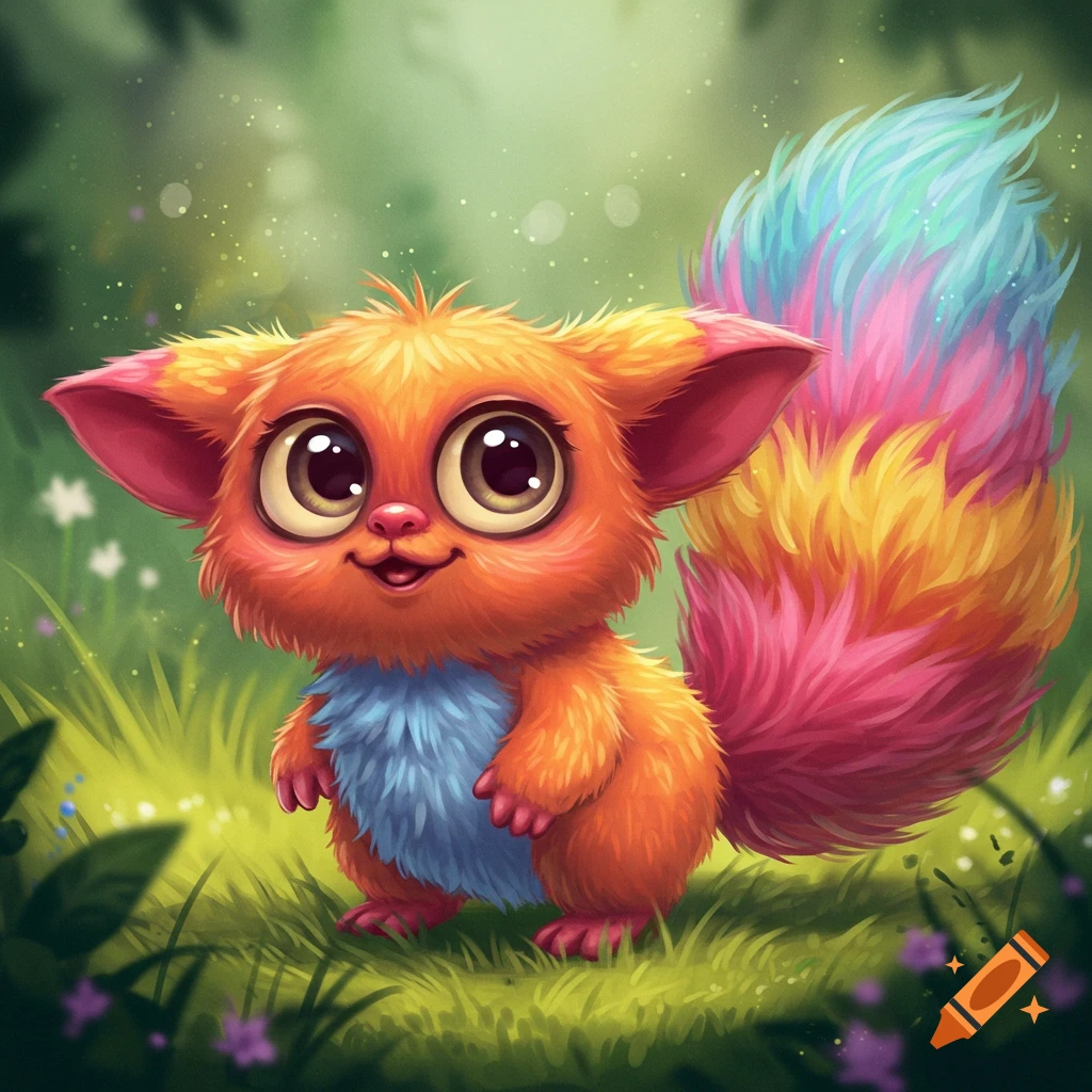 A cute cartoon baby griffin with large blue eyes and pink and blue feathers sits in a magical ...