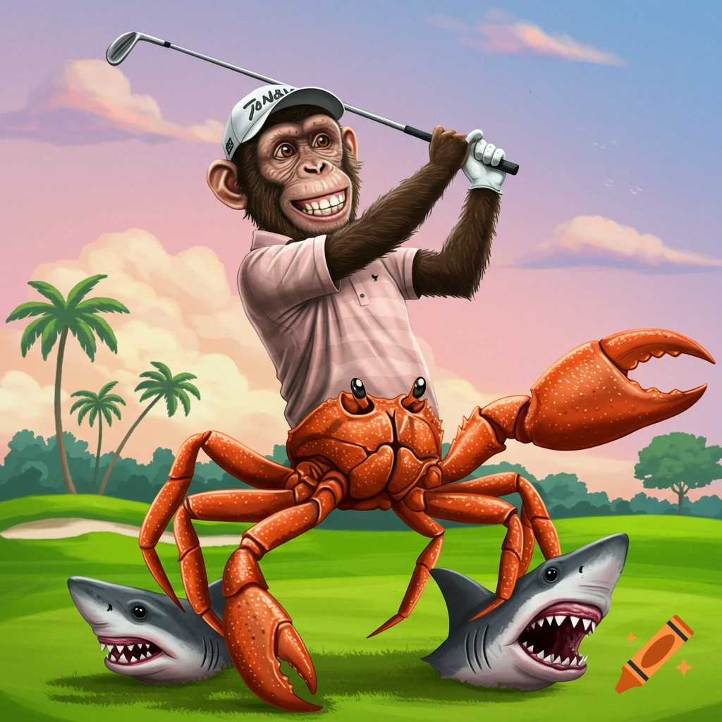A monkey with crab legs and shark heads for feet is playing golf. on ...