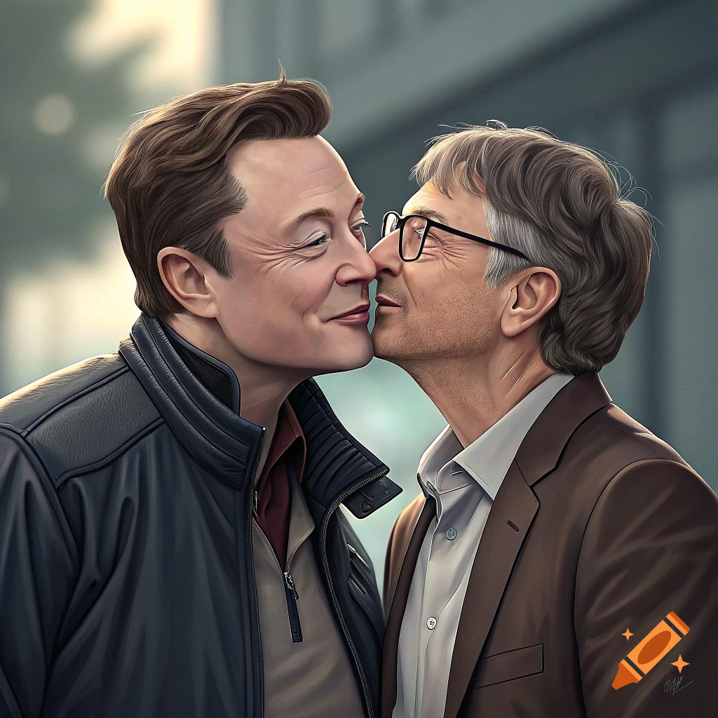Realistic illustration of Elon Musk and Bill Gates kissing on Craiyon
