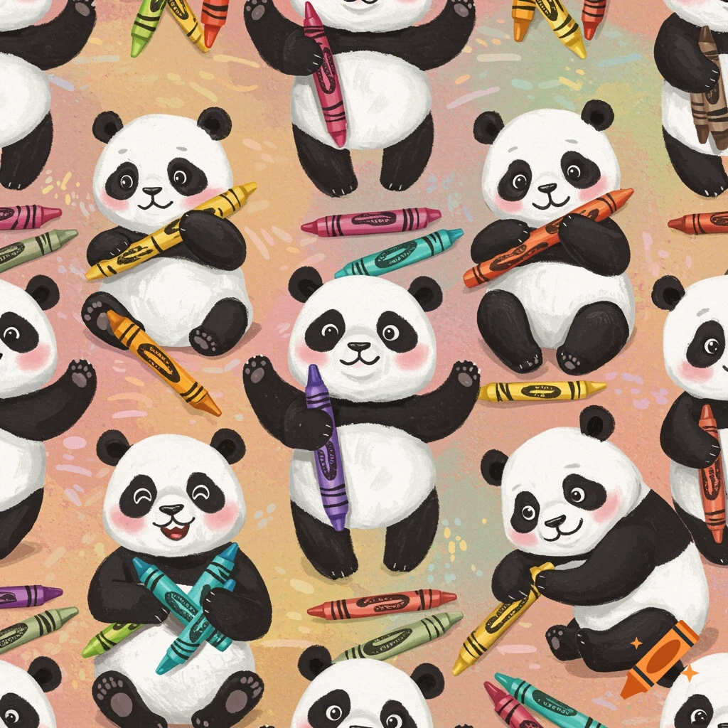 Repeating pattern of panda bears and colorful crayons on Craiyon