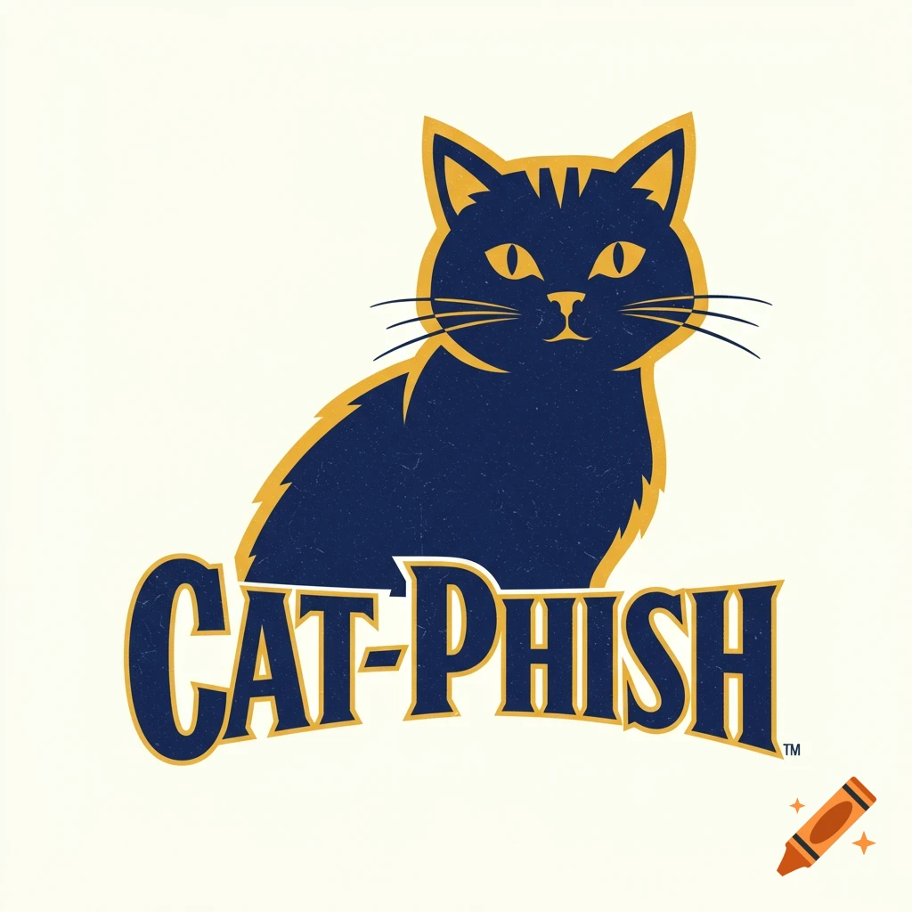 A stylized dark blue and yellow logo featuring a cat sitting above the text 'CAT-PHISH'. on Craiyon