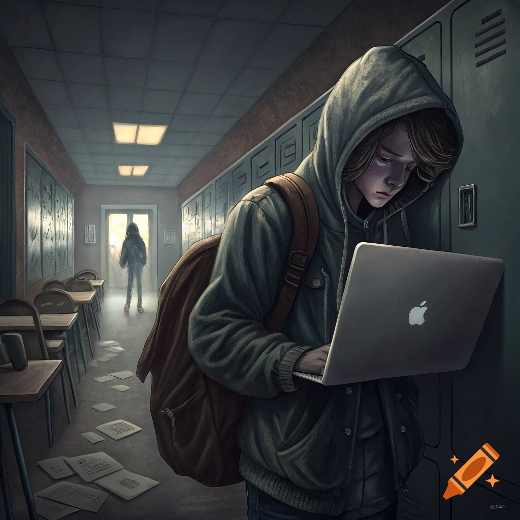 Student stealing laptop from classroom on Craiyon