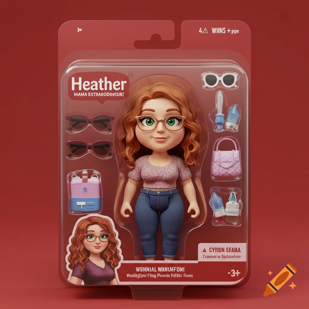 3D render of a toy action figure named Heather in plastic packaging ...