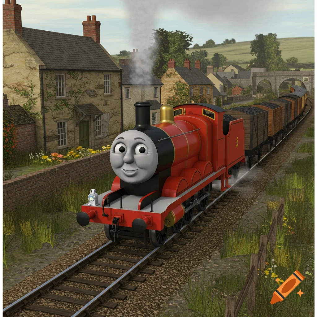 James the red engine pulling a heavy goods train on Craiyon