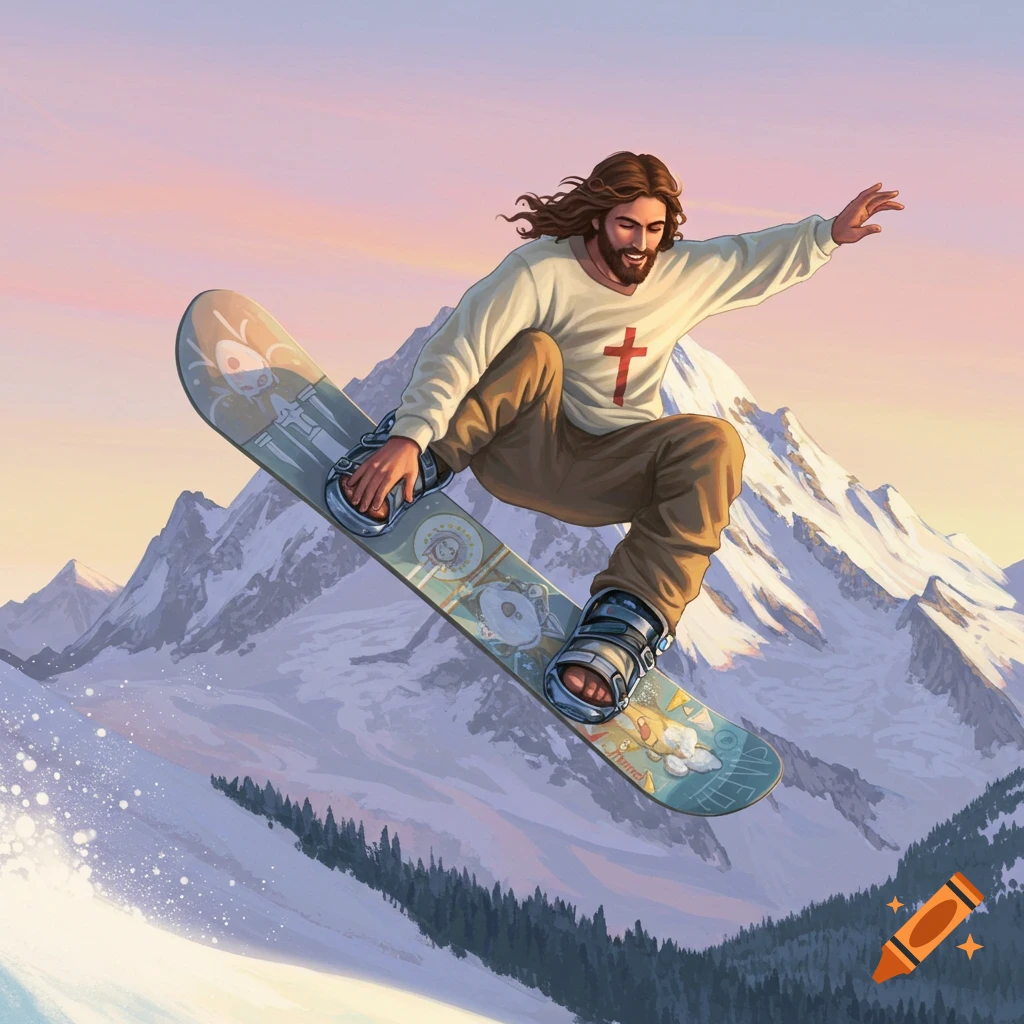 Jesus Christ snowboarding with method grab on Craiyon