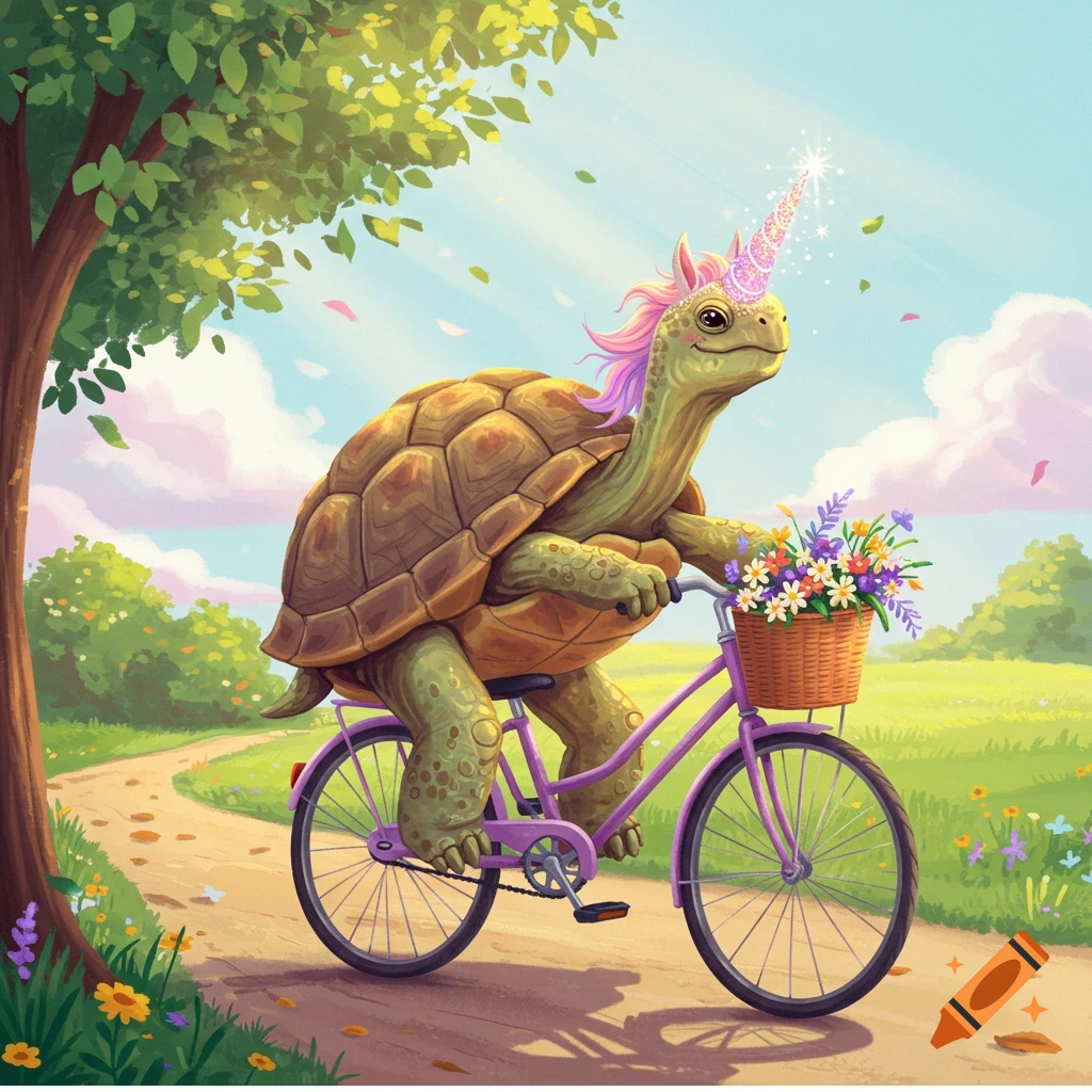 A unicorn turtle rides a purple bicycle with flowers on a sunny path ...