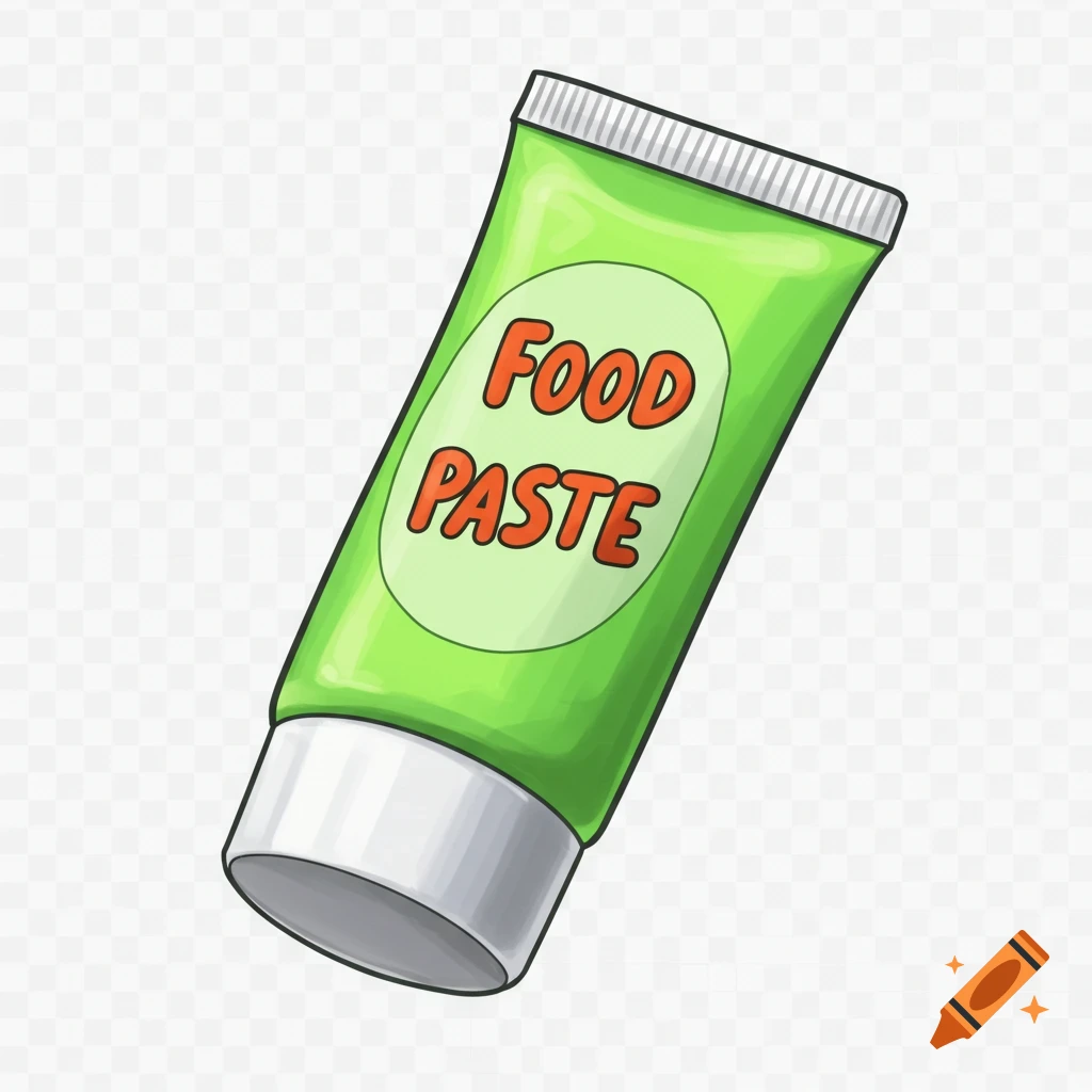Cartoon illustration of a green tube labeled 'FOOD PASTE' on Craiyon