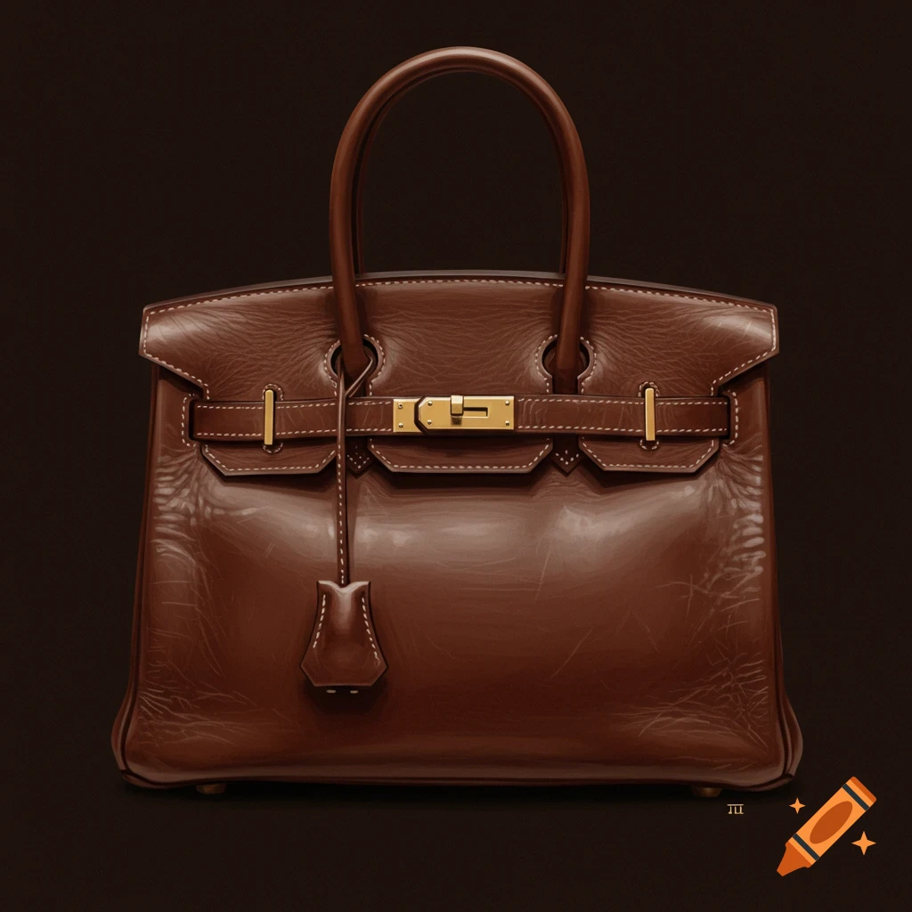 Brown handbag with gold chain on a glossy black and gold surface. on ...