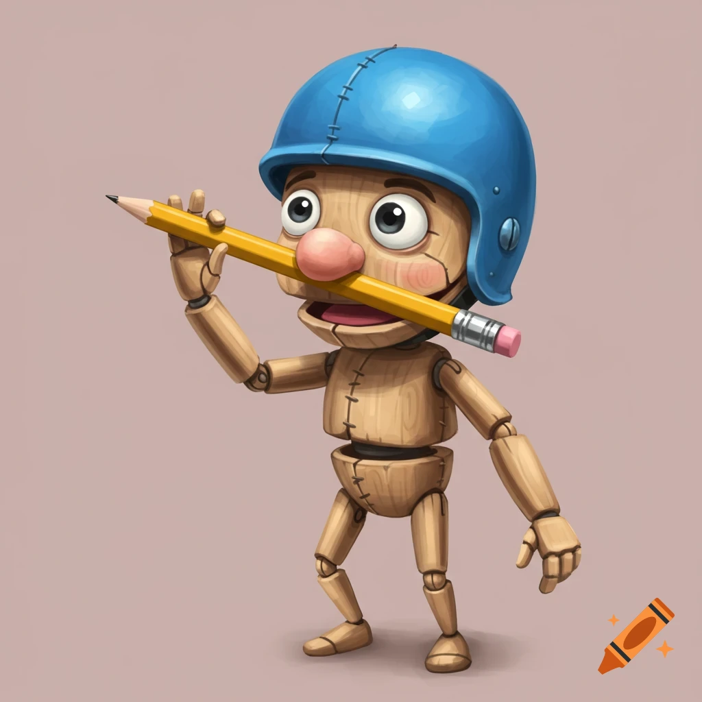 Puppet with pencil in nose and blue helmet on Craiyon