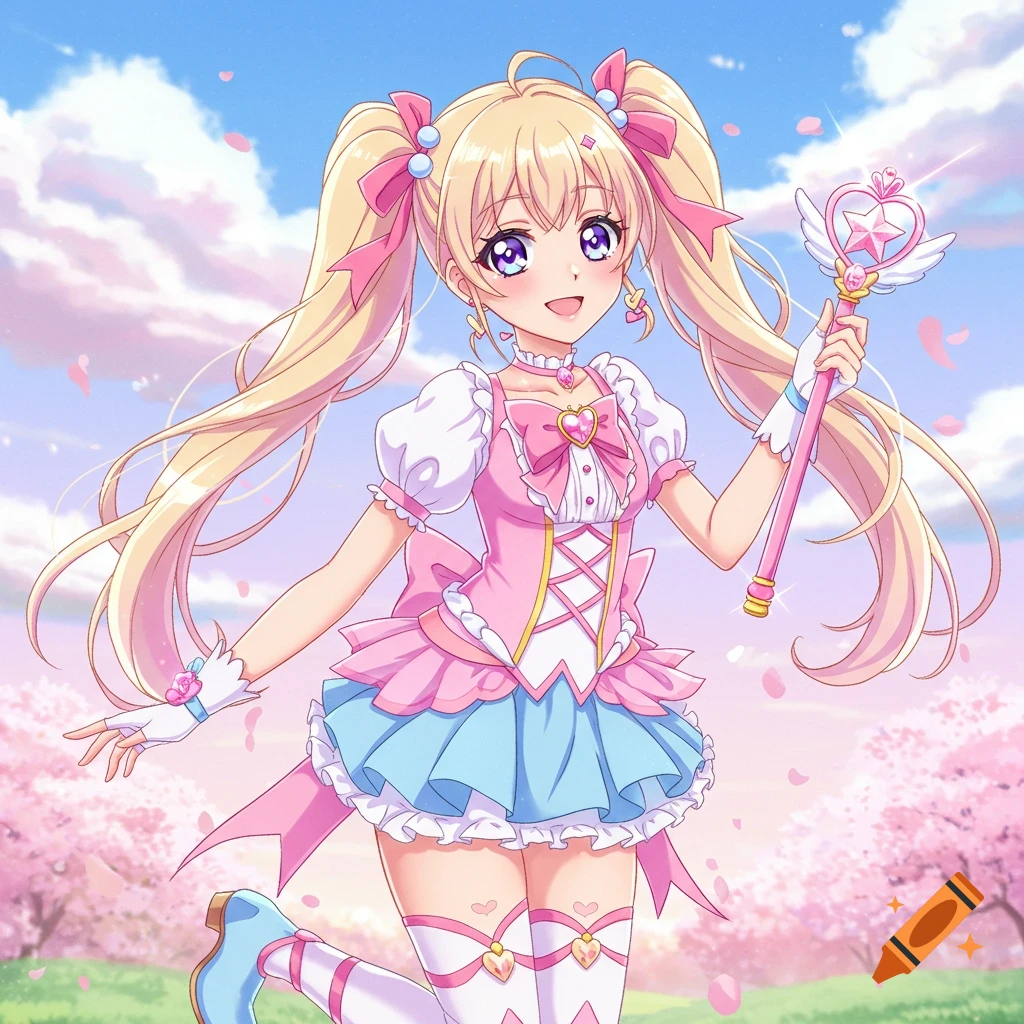 An anime girl in a detailed pastel blue and pink frilly dress with bows ...