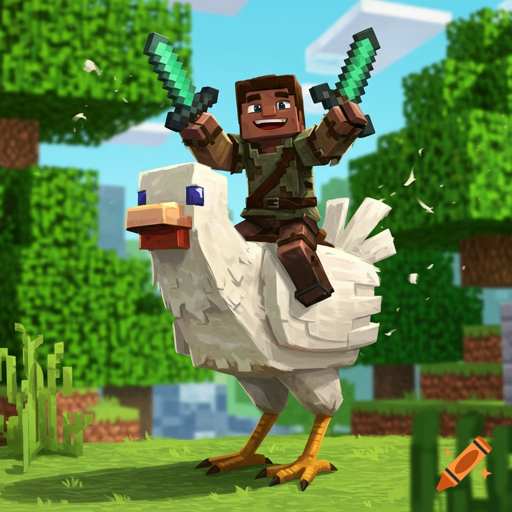 An Ewok rides a chicken in a Minecraft world. on Craiyon