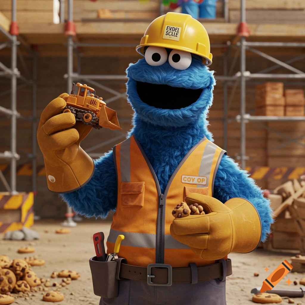 Cookie Monster as a construction worker holding a small bulldozer and ...