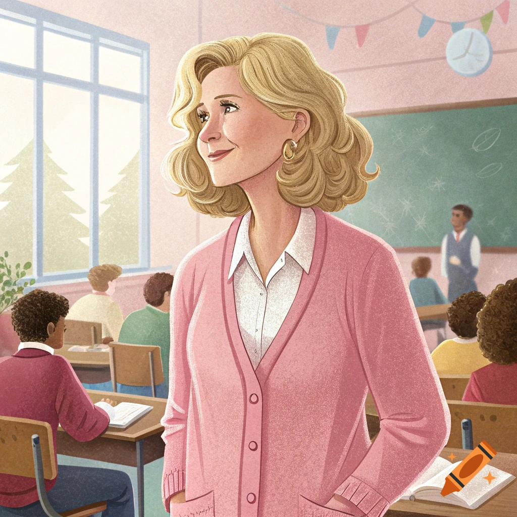 Teacher with sandy blonde hair wearing a pink cardigan. on Craiyon
