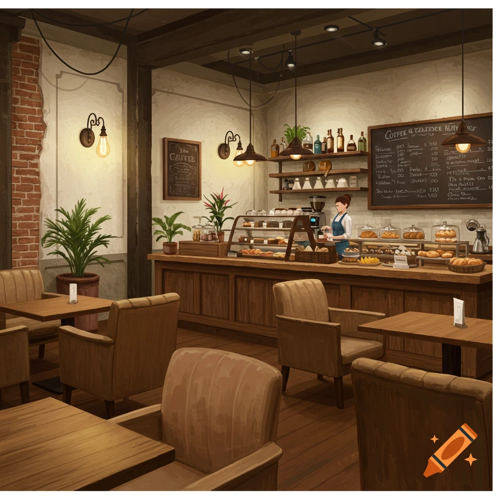 Cozy cafe interior with tables, chairs, a counter with pastries, and a ...
