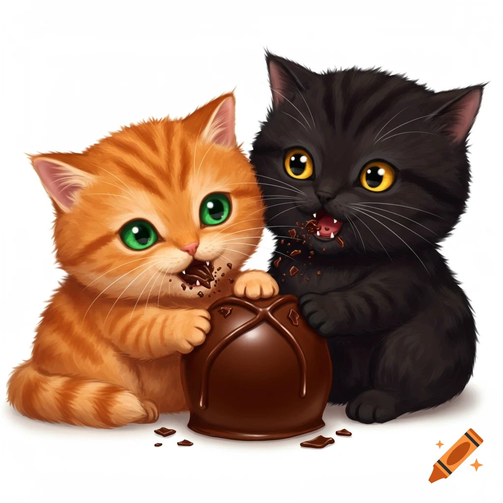 Two cats biting a chocolate truffle, digital art on Craiyon