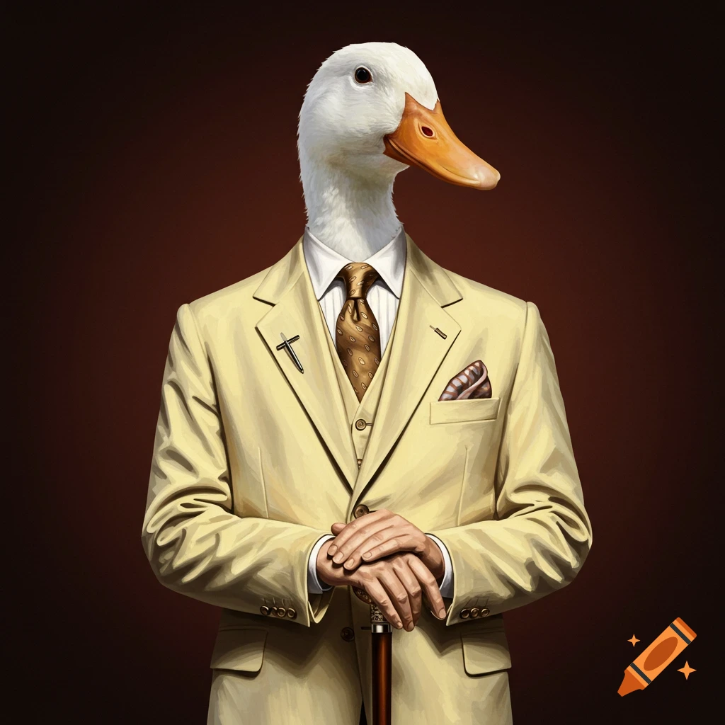 Person with a duck head wearing a cream suit and holding a cane. on Craiyon