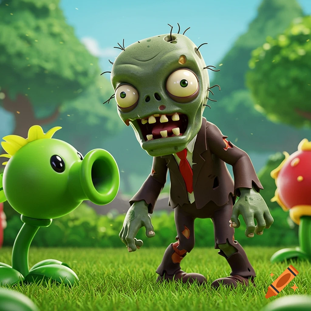A Plants vs. Zombies zombie stands beside a peashooter plant in a field ...