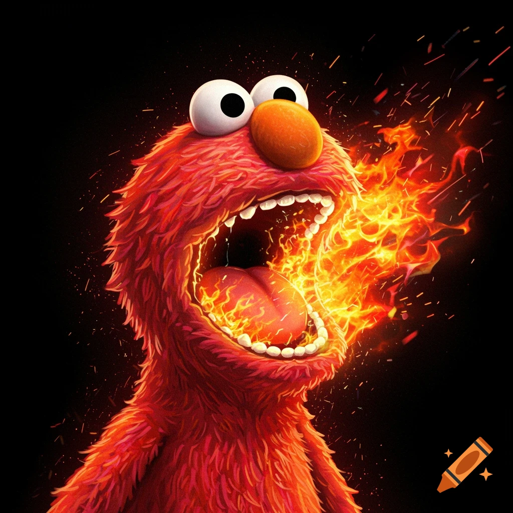 Elmo screaming with fiery breath against a black background. on Craiyon