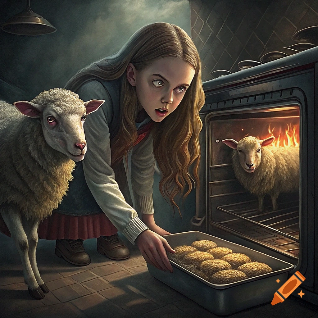 Evil white girl with long brown hair cooking sheep in oven on Craiyon