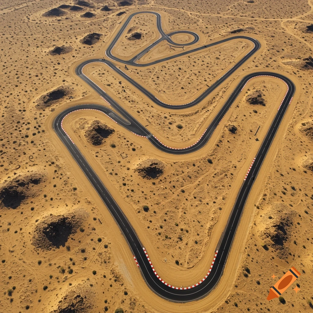 Aerial view of a race track winding through a sandy desert landscape. on Craiyon