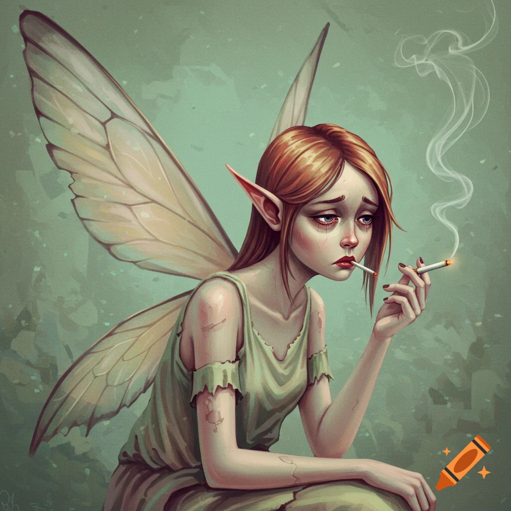 A fairy with pouty lips smoking a cigarette on Craiyon