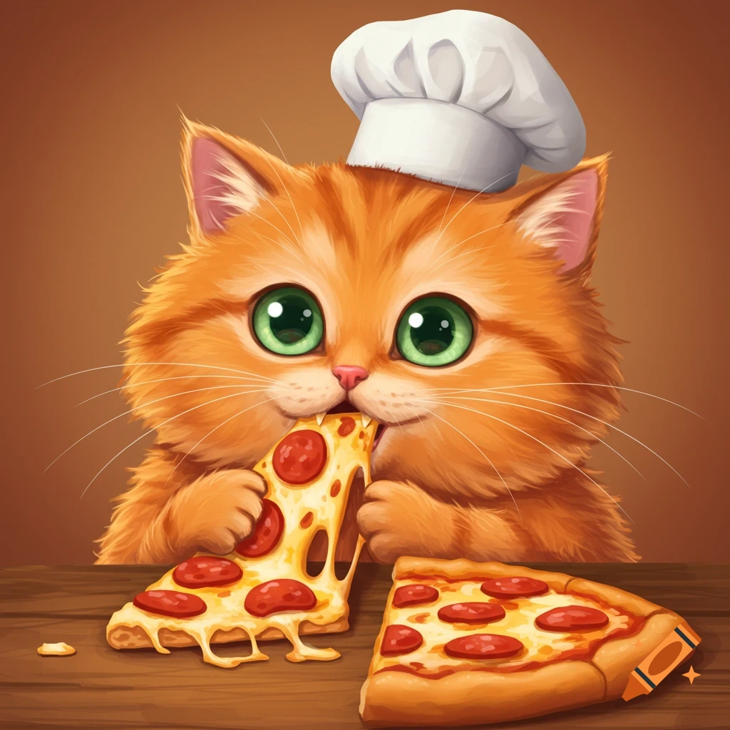 Illustration of a cute orange cat eating spaghetti from a plate. on Craiyon