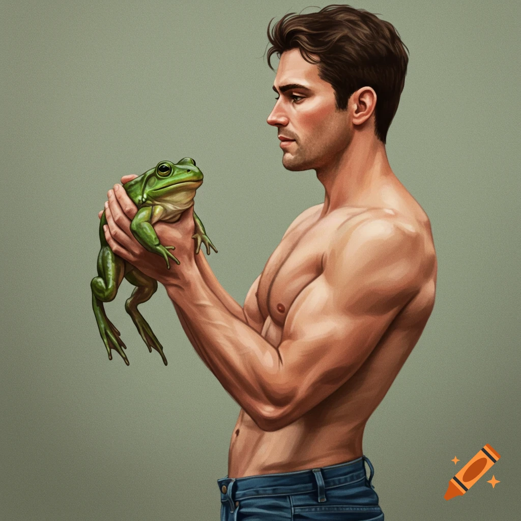 Handsome white man holding a bullfrog on Craiyon