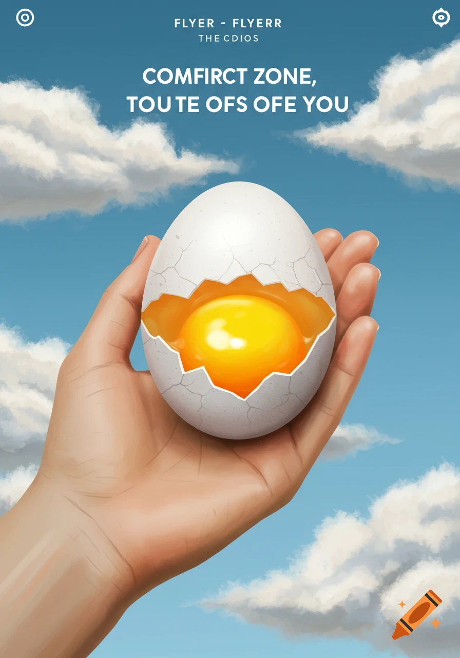 Egg in hand with cracks and yolk, symbolizing transformation on Craiyon