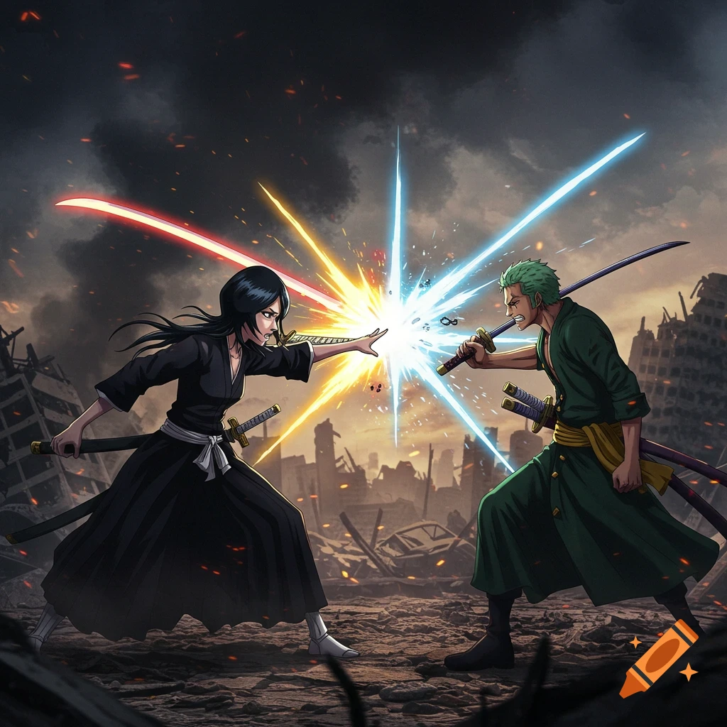 Rukia (Bleach) fighting Zoro (One Piece) on Craiyon