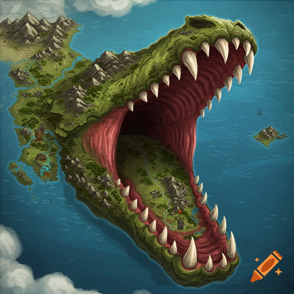 D&D map of a dragon's maw peninsula on Craiyon