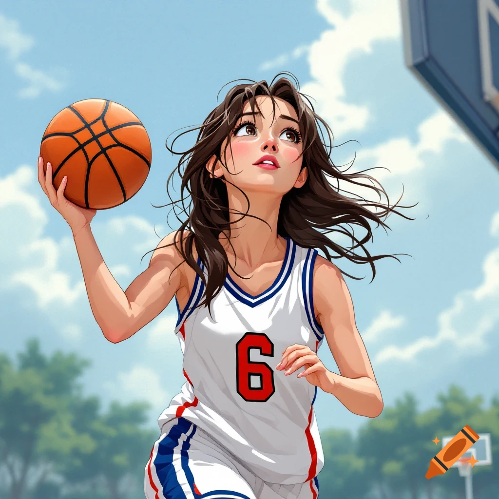 Girl playing basketball with Jesus in anime style on Craiyon