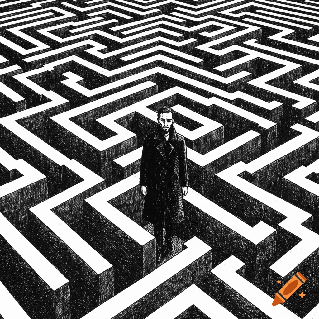 Man in black trench coat in a maze, black and white sketch on Craiyon