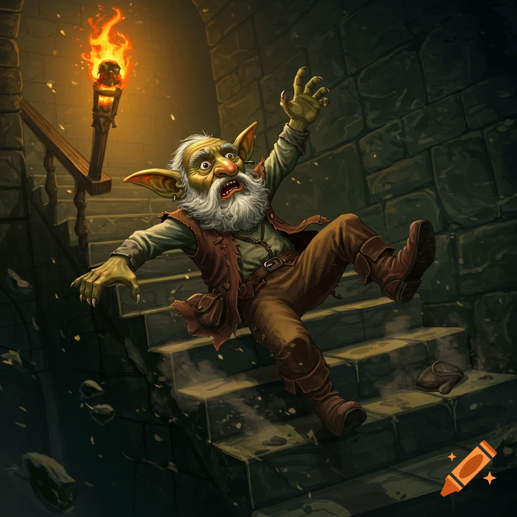 Old goblin man falling down the stairs on Craiyon