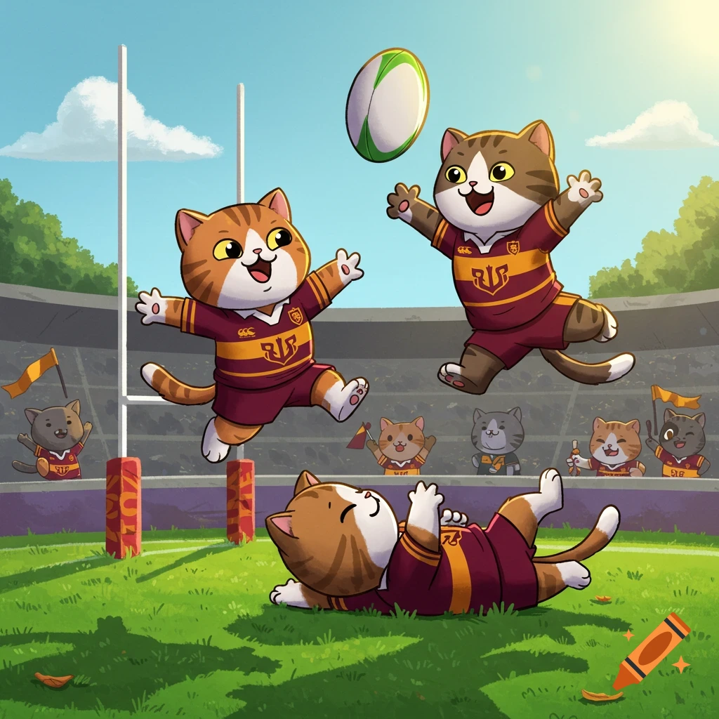 Cartoon cats playing rugby in maroon and gold jerseys on Craiyon