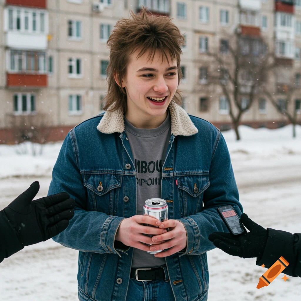 Teenage Russian boy with mullet, jean jacket, and beer can in snowy ...