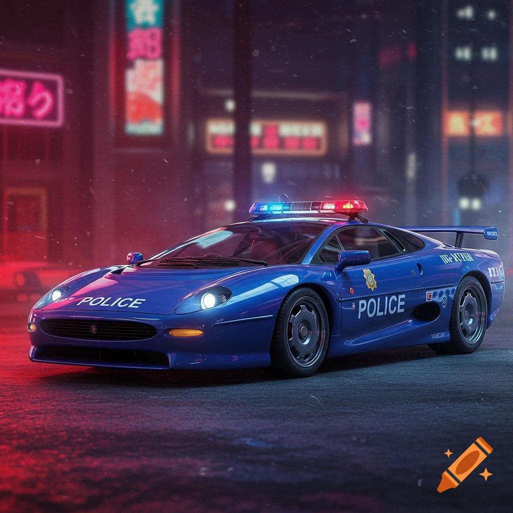A sleek black police car with red and blue flashing lights drives on a ...