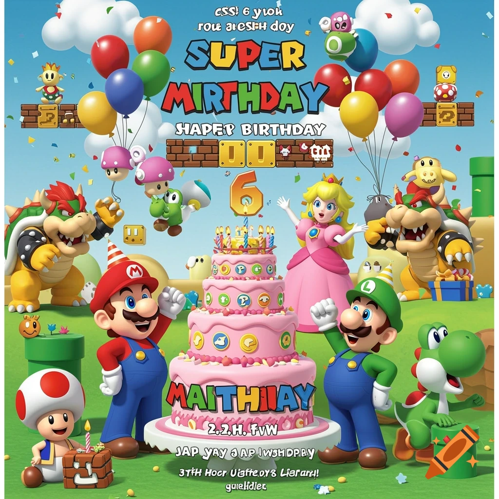 Super Mario themed birthday invitation for a 6-year-old on Craiyon